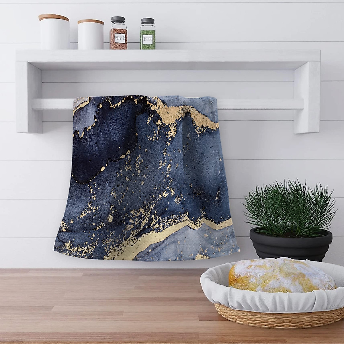 OHSUL Navy Blue Marble with Golden Veins Absorbent Kitchen Towels Dish Towels Dish Cloth,Abstract Modern Texture Hand Towels Tea Towel for Bathroom Kitchen Decor