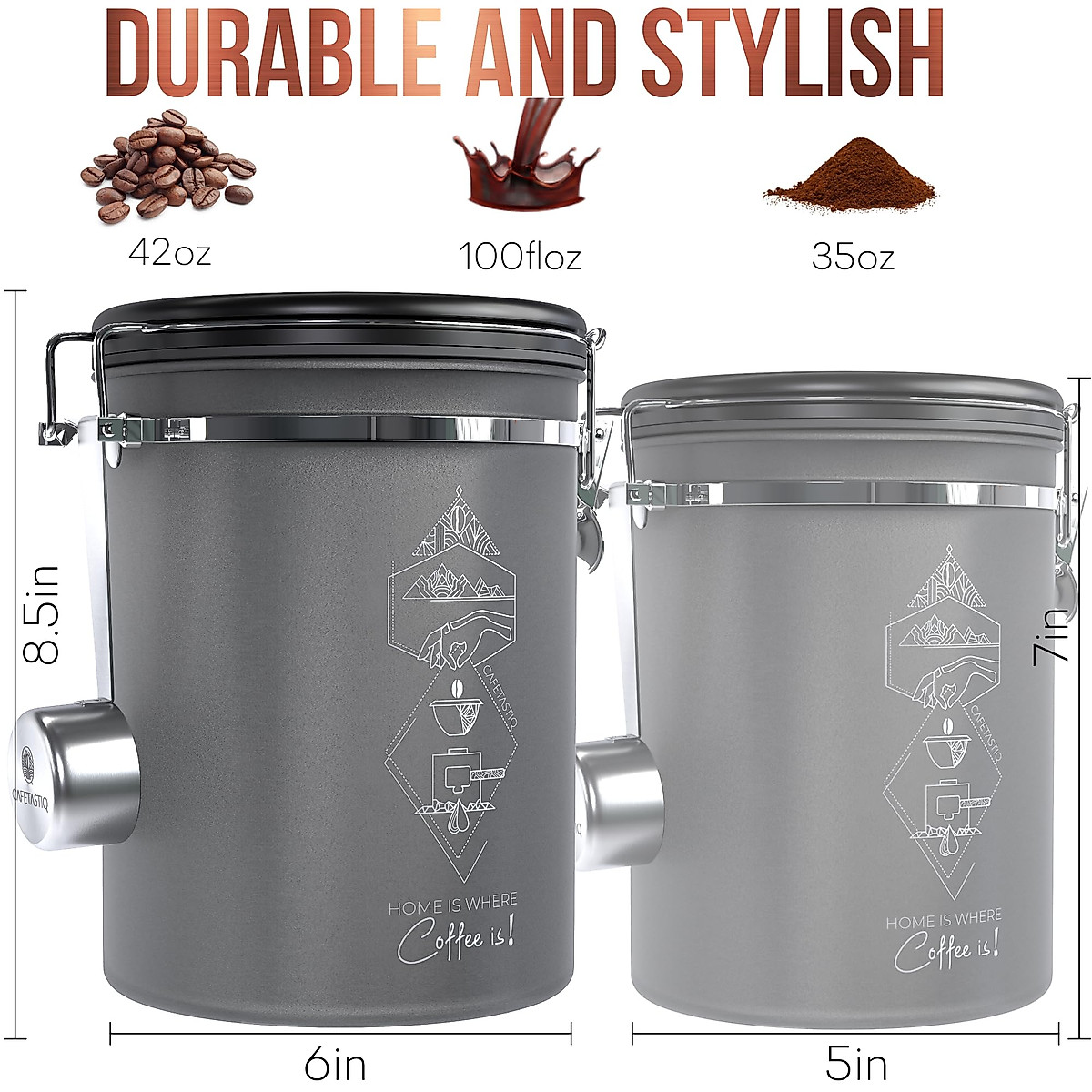 Extra Large 38oz Beans / 35oz Grounds Coffee Canister - Coffee Storage Container Tea Flour, Airtight Stainless Steel with Date Dial Release Valve Spoon