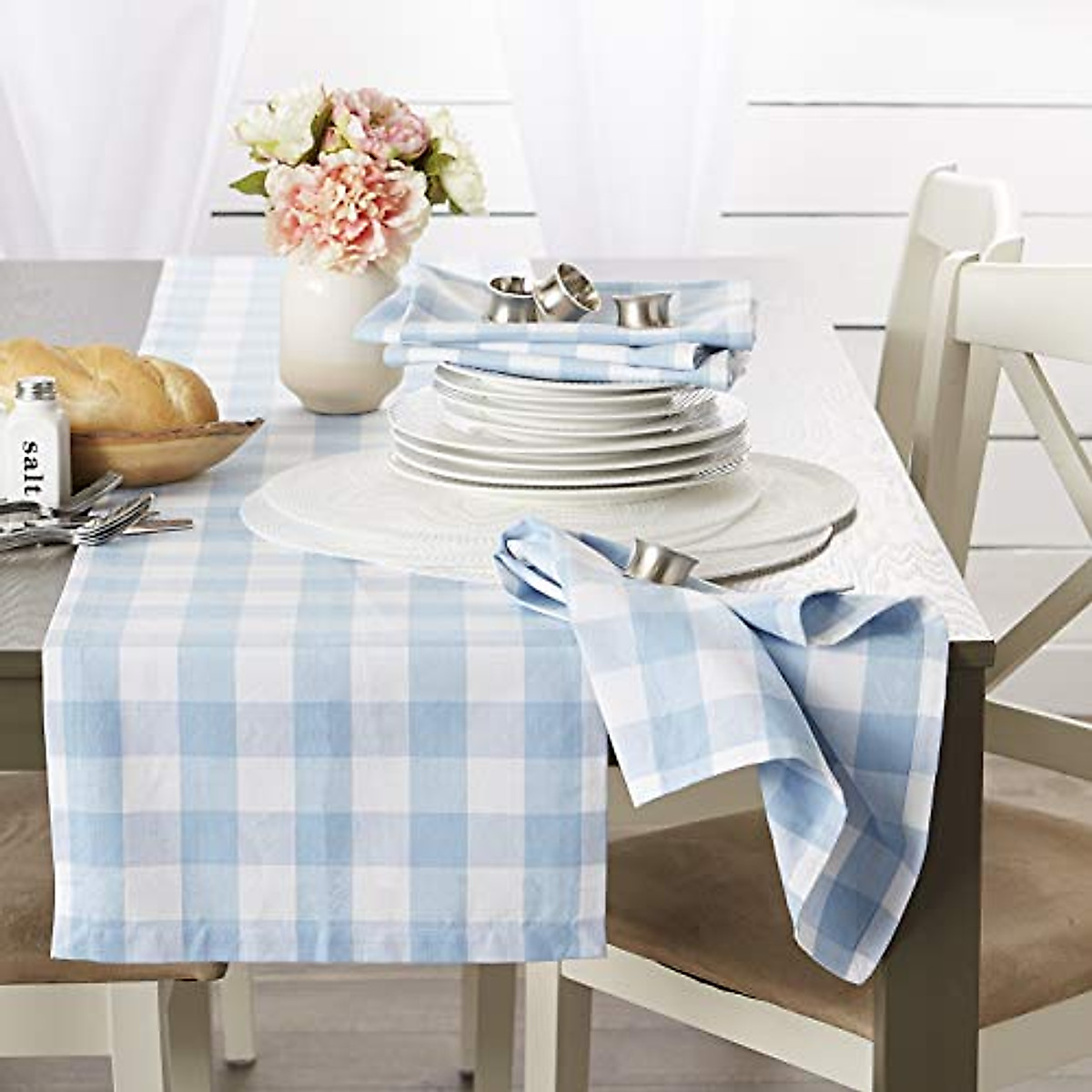 DII Buffalo Check Collection, Classic Farmhouse Tablecloth, Tablecloth, 70" Round, Light Blue & White