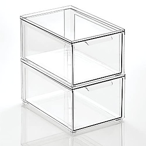 mDesign Plastic Stackable Closet Storage Organizer Bins with Pull Out Drawer for Cabinet, Desk, Shelf, Cupboard, or Dresser Organization - Lumiere Collection - 2 Pack - Clear