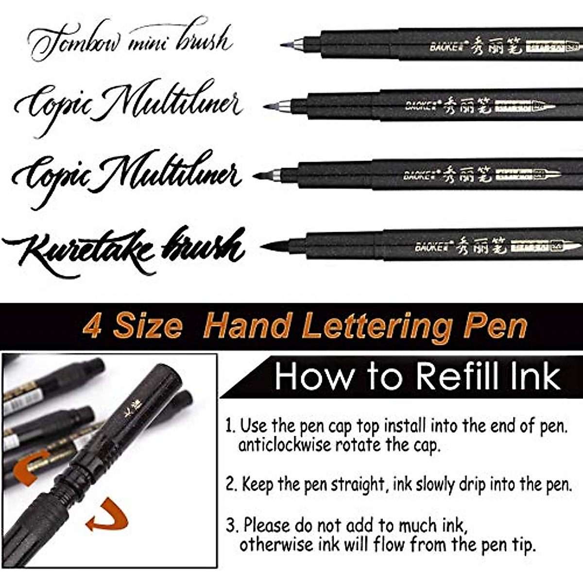BOXUN Hand Lettering Pens - 4 Size Refillable Modern Black Calligraphy Ink Pen for Beginners Writing, Signature, Illustration Design