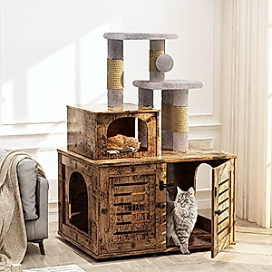 Recaceik Cat Litter Box Enclosure with Cat Tree, Hidden Cat Washroom Furniture with Divider, Wooden Cat House with Platform, Scratching Post and Soft Plush Perch, Indoor Pet Cabinet,Rustic Brown