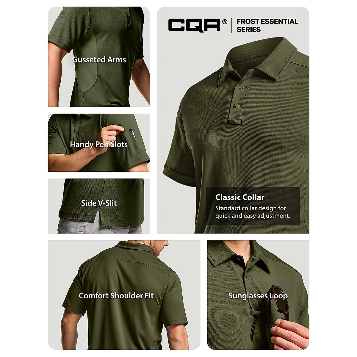 CQR Men's Polo Shirts, Tactical Short Sleeve Golf Performance Shirts, Lightweight Dry Fit UPF 50+ Pique, Frost Essential Army Green, X-Large