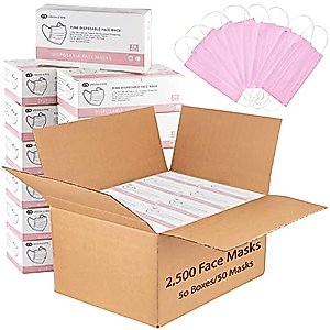BH Supplies 2400 PCs Bulk Face Mask (48 Packs, 50pcs/Pack), Non Woven Thick 3-Layers Breathable Facial Masks with Adjustable Earloop, Mouth and Nose Cover -Pink