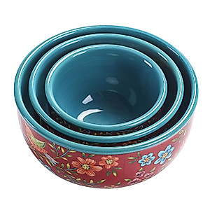 Bico Red Spring Bird Ceramic Bowl with Air Tight Lid Set of 3(27oz, 18oz, 9oz each), Prep bowls, Food Storage Bowl for Salad, Snacks, Fruits, Microwave and Dishwasher Safe