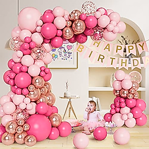 138pcs Pink Balloon Arch Garland Kit with Different Size Pastel Hot Pink White Metallic Rose Gold Confetti Balloons for Birthday Baby Shower Princess Theme Wedding Valentine's Party Decorations