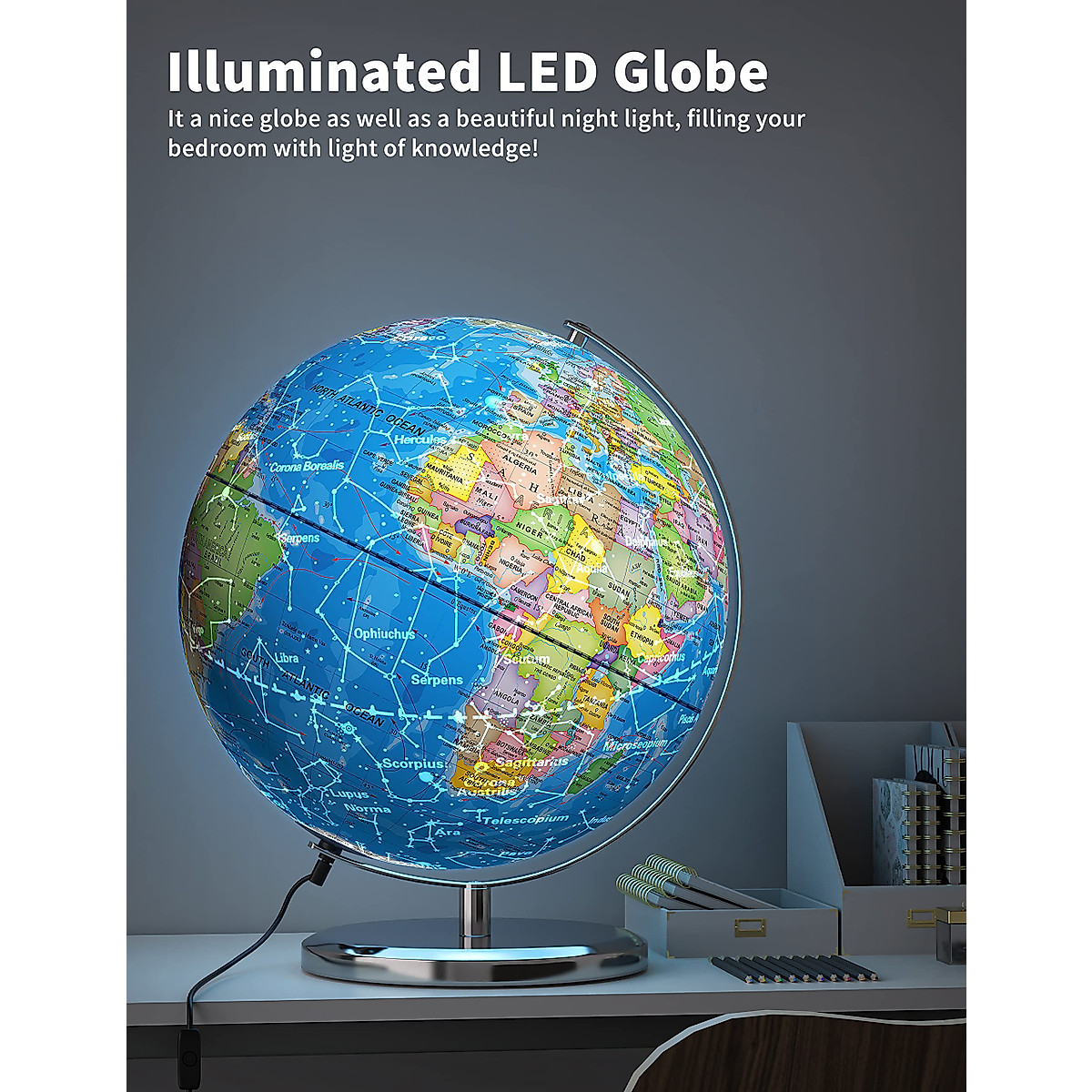 Waldauge Illuminated World Globe with Stand, 13" Earth Globes with Stable Heavy Metal Base for Kids Classroom Learning, LED Constellation Globe Night Light with HD Printed Map