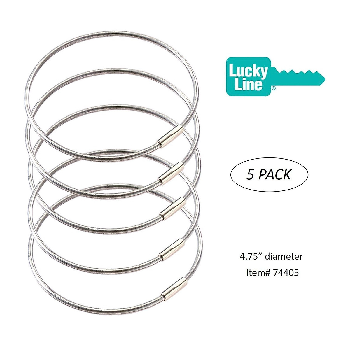 Lucky Line Pull-Apart 4-3/4" Tension Closure Steel Key Ring, 5 Pack (74405)