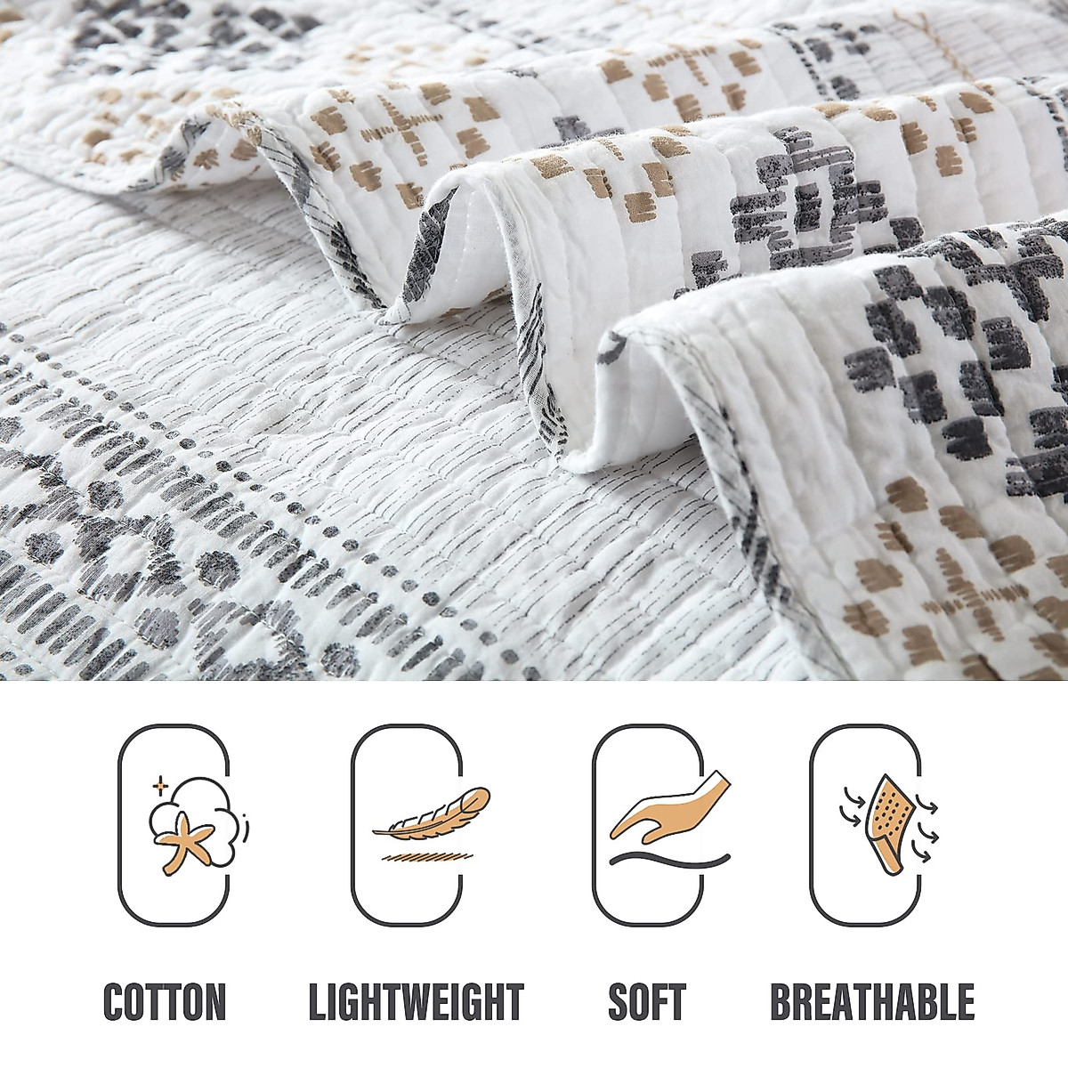 Y-PLWOMEN Queen Size Quilt 100% Cotton Boho Queen Quilts, White Queen Quilt Sets, Lightweight Bohemian Queen Size Bedspreads for All Season, 3 Piece