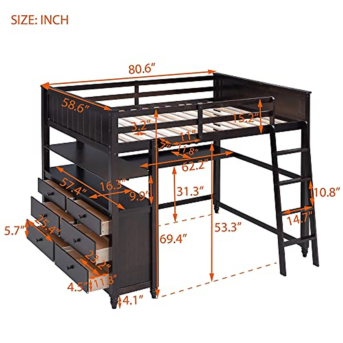 GINGVAT Full Size Loft Bed with Drawers and Desk,Wood Loft Bed with Ladder and Shelves,for Bedroom,Dorm,Apartment,Espresso