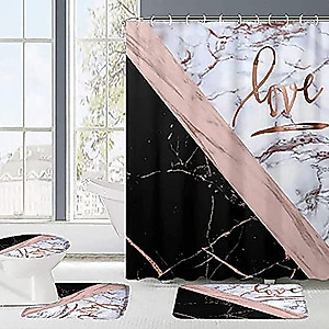 My-baby Rose Gold Marble Bathroom Shower Curtain Sets with Rugs,Toilet Pad Cover and Bath Mat,Rose Gold Faux Marble with Love Waterproof Polyester Shower Curtain Set 4 Pcs Bathroom Decor