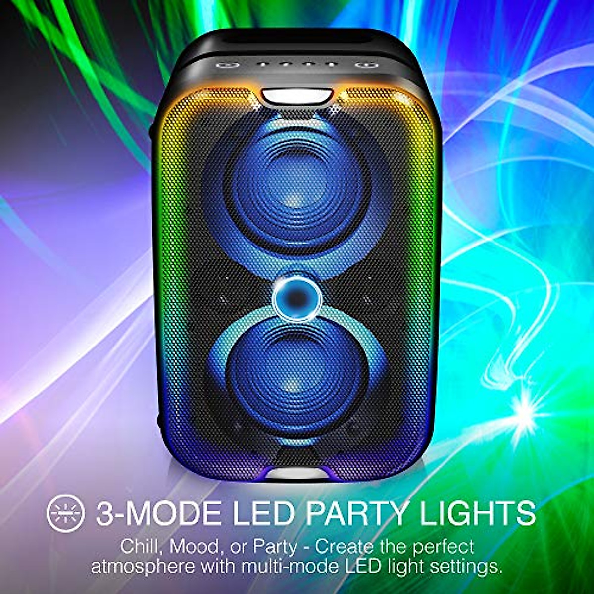 Brookstone Big Blue Go 60 Watt Wireless Indoor Outdoor Portable Speaker, Built in Qi Charging Pad, LED Light Show, Bluetooth 5.0, IPX5 Water Resistant, Tap to Link Multiple Speakers, Karaoke Mic Input
