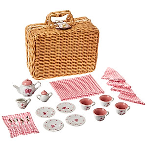 Schylling Brand Classic Porcelain Butterfly Tea Basket Set - 24 Piece Miniature Tea Set - 1.25" Tall Tea Cups - Includes Latching Picnic Basket - Ages 8-10