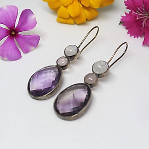 925 Sterling Silver Amethyst, Rose Quartz and Rainbow Moonstone Earring Jewelry Dangle Genuine Earring Ravaria Jewelry