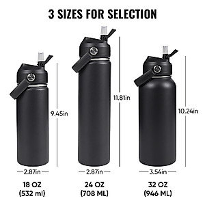 Fijinhom 18oz Insulated Stainless Steel Water Bottle, Wide Mouth Double Wall Vacuum, Silicone Straw, Sweat & Leak Proof, BPA Free Insulated Water Flask for Travel, Keep Cold 24h Hot 12h, Black