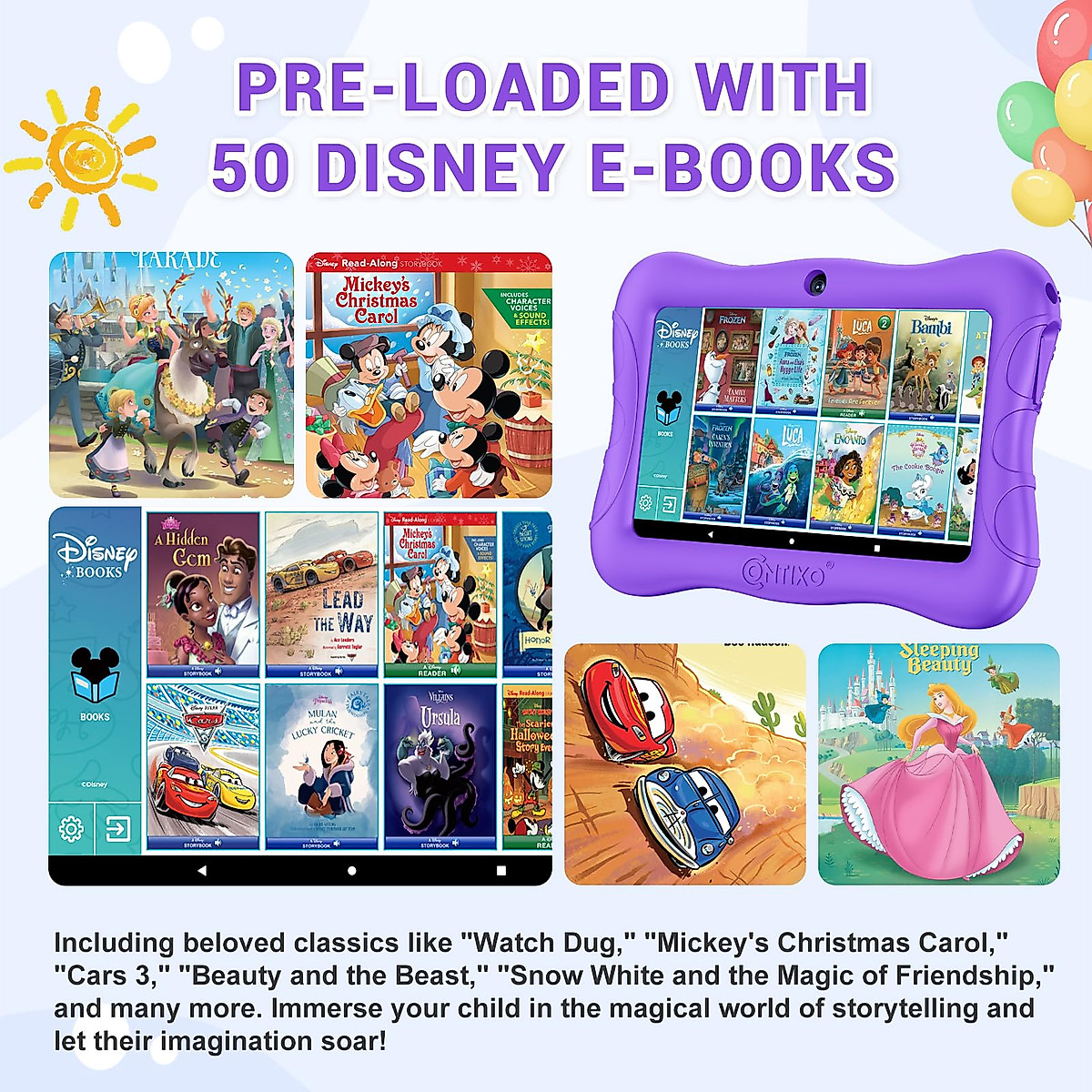 Contixo 7" Android Kids Tablet 32GB, Includes 50+ Disney Storybooks & Stickers (Value $200), Protective Case with Kickstand, (2023 Model) - Purple