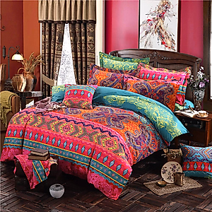 Omelas Bohemian Queen Duvet Cover Set Colorful Boho Floral Bedding Super Soft Microfiber Duvets Cover Queen Size Zipper Closure Indian Tribal Exotic Comforter Cover (MJH,Q,3pcs)