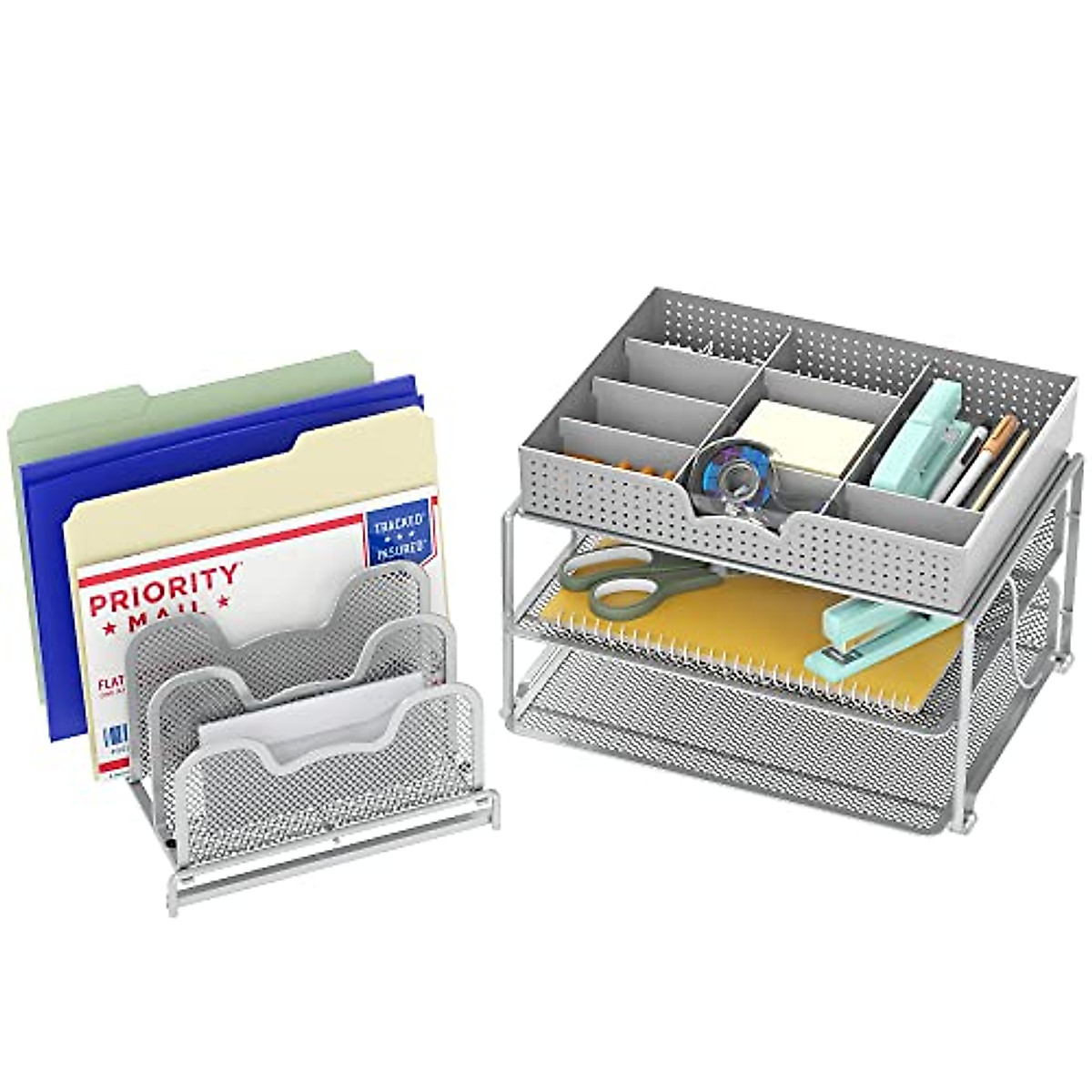 Simple Houseware Mesh Desk Organizer with Sliding Drawer, Double Tray and 5 Stacking Sorter Sections, Silver