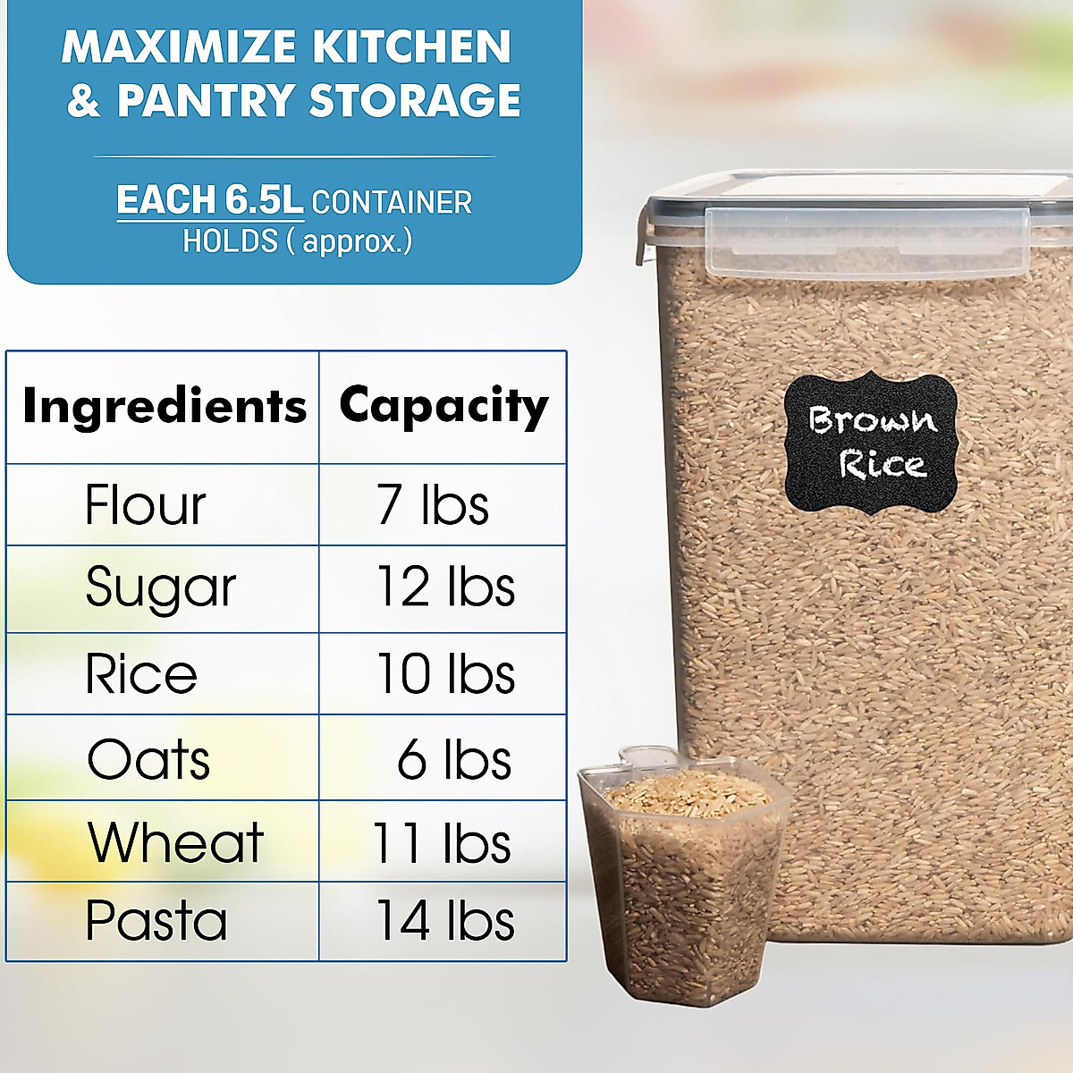 WHITE FEATHER SUPPLIES 2 PC [6.5L / 220 Oz] Large Food Storage Containers with Lids Airtight - BPA Free Clear Plastic Kitchen and Pantry Storage Containers, Bulk Storage for Cereal, Flour, Sugar, Rice