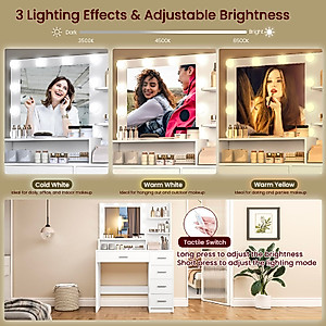 FGNTWP Makeup Vanity Desk with Mirror, 10 Lights, 5 Drawers, 3 Storage Shelves, 3 Color Modes & Adjustable Brightness Dressing Table, 35.4” Desk, White