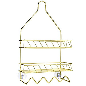 MyGift Brass Plated Metal Shower Caddy Over Shower Head Hanging Bathroom Organizer Rack with Suction Cup