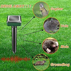 Mole Repellent Solar Powered 4 Pack Ultrasonic Sonic Repellent, Vole Snake Gopher Deterrent Spikes for Lawn Garden, Outdoor Yard Groundhog Chipmunk Repeller