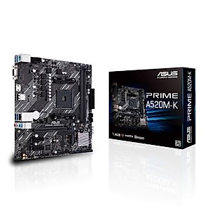 ASUS PRIME A520M-K AMD AM4 (3rd Gen Ryzen) Micro-ATX motherboard (ECC memory, M.2 support, 1Gb Ethernet, M.2, USB 3.2 Gen 1 Type-A,HDMI 2.1 4K@60Hz, D-Sub)