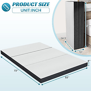Dkelincs 4 Inch Folding Mattress Trifold Memory Foam Mattress Topper Portable Foldable Mattress for Camping, Guest, Yoga, White(Full Size, 73X52X4)