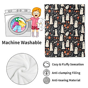 VODRM Spooky Ghost Blanket Cute Floral Autumn Flowers Throw Blankets Gifts for Kids Lightweight Soft Fleece Cozy for Sofa Couch Bed Room Travel Birthday Halloween Decor 50x60in