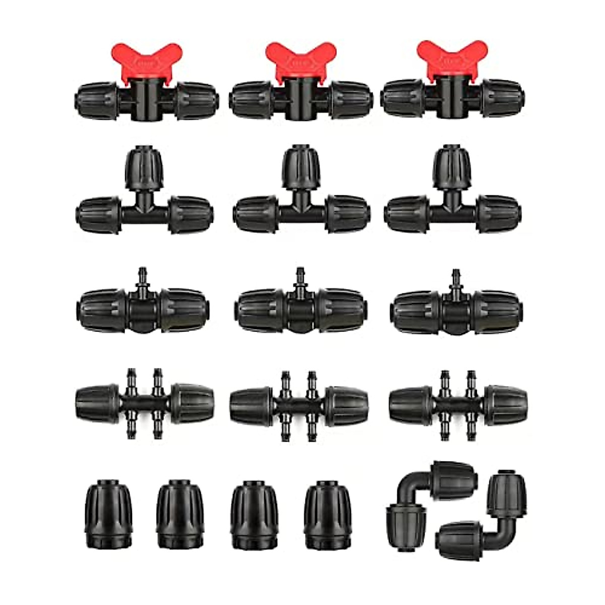 La Farah Drip Irrigation Fittings Kit for 1/2 Inch Tubing -18 Pieces Set- 3 Tees,3 Switch Valves,3 T Connectors,2 Elbows,3pcs 1/2" to 1/4" tubing Reducers,4 End Cap, Barbed Locked Nuts Connectors