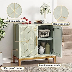 ARTPOWER Accent Cabinet with Doors, Modern Wooden Sideboard, Carved Decorative Storage Cabinets for Bedroom, Living Room, Kitchen, Office, and Hallway, Green with Gold Legs