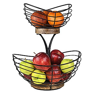 Modern Farmhouse 2 Tier Fruit Basket for Kitchen Counter, Vintage Wire and Wooden Base Fruit Bowl/Stand for Kitchen countertop Decor - Double Tree Fruit & Vegetables Basket