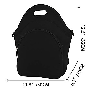 Armofit Black Neoprene Lunch Bag Insulated Reusable Washable Lunch Tote Waterproof Foldable Handbag with Detachable Strap and Extra Front Pocket for Women Men Work Office Picnic