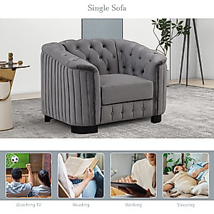 P PURLOVE Modern Single Sofa with Arms and Rubber Wood Legs, Velvet Upholstered Accent Sofa with Thick Removable Seat Cushion, Single Couch for Living Room, Bedroom or Small Space, Gray