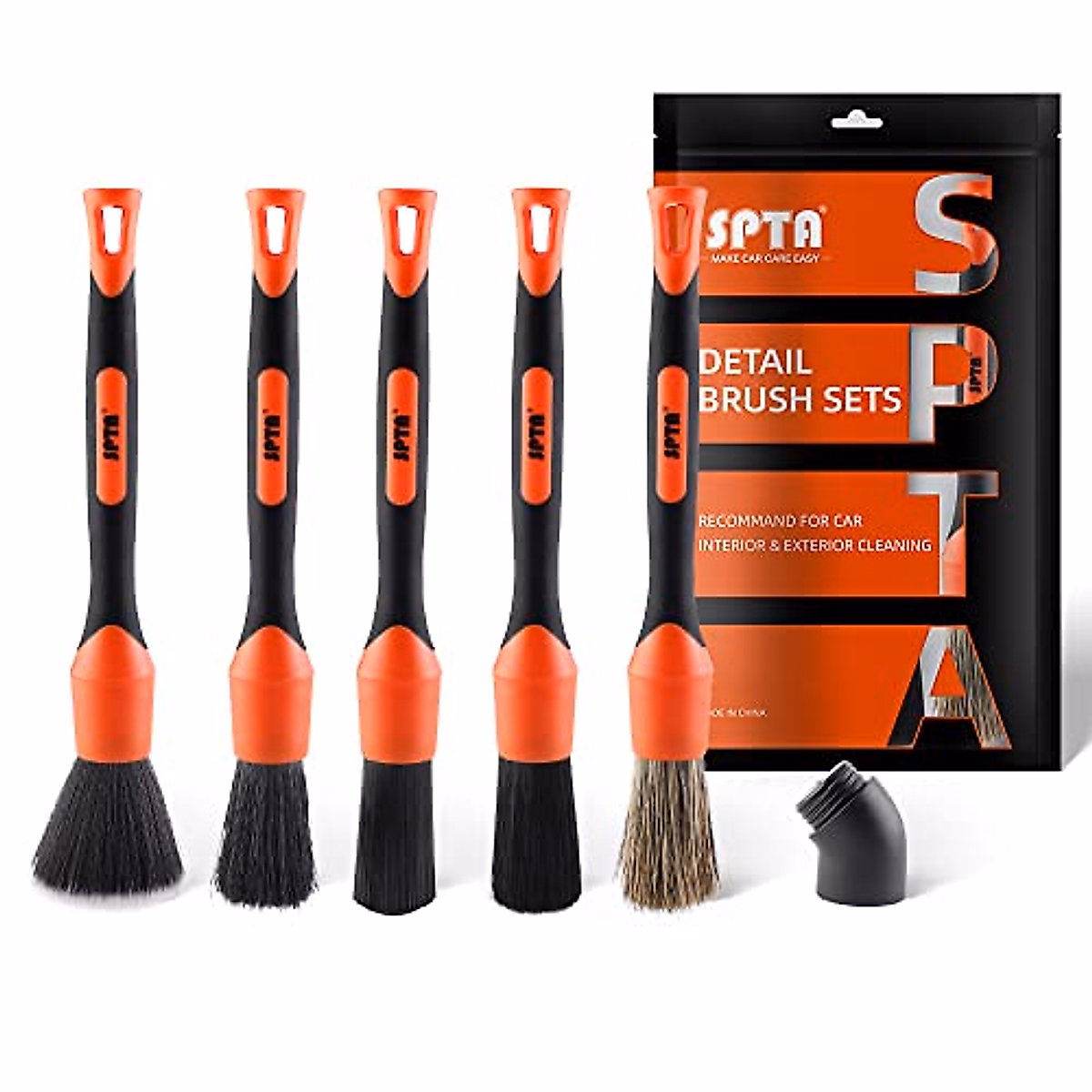 SPTA Car Detailing Brush Set, 5 Pack Soft Boar Hair Auto Detail Brush Kit with Elbow for Automotive Elegant Surface Interior Exterior Dashboard Emblems Panels Engine Bay Wheels Air Vent Seat Leather