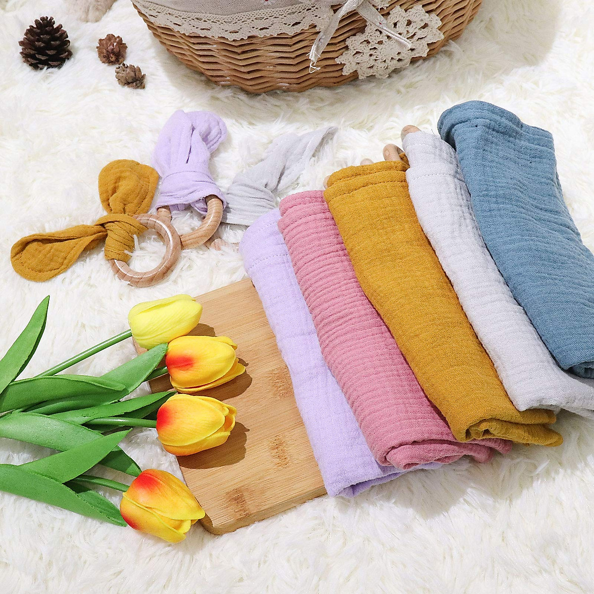 Baby Lovey, Wood Rattle, Teether Ring, 3 Pack Montessori Gift, Ginger, 100% Cotton, Double Gauze, Baby Girl Shower Gift