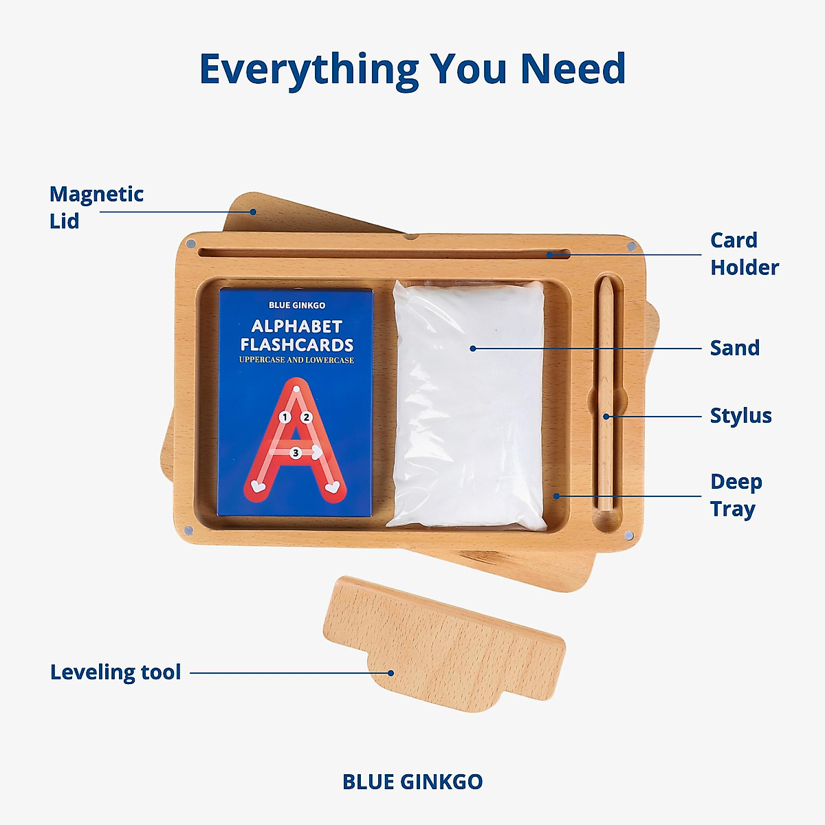 Blue Ginkgo Montessori Sand Tray – Premium Wooden Tray with Lid for Letter Tracing, Numbers, Drawing, Classroom Use (9.8 x 6.7 Inches)