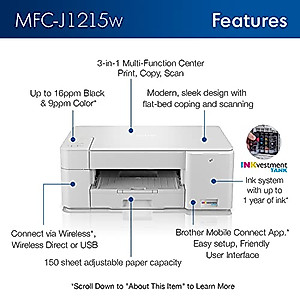 Brother MFC-J1215W INKvestment Tank Wireless All-in-One Color Inkjet Printer for Home Office - Print, Copy, Scan - 16 ppm, 1200 x 600 dpi, Voice Control, 150 Sheets - BROAGE 4 Feet Printer Cable