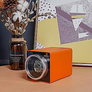 MOZSLY Watch Winder for Automatic Watches with 12 Rotation Mode Setting for Rolex Fit Man Women Automatic Watch Orange Leather