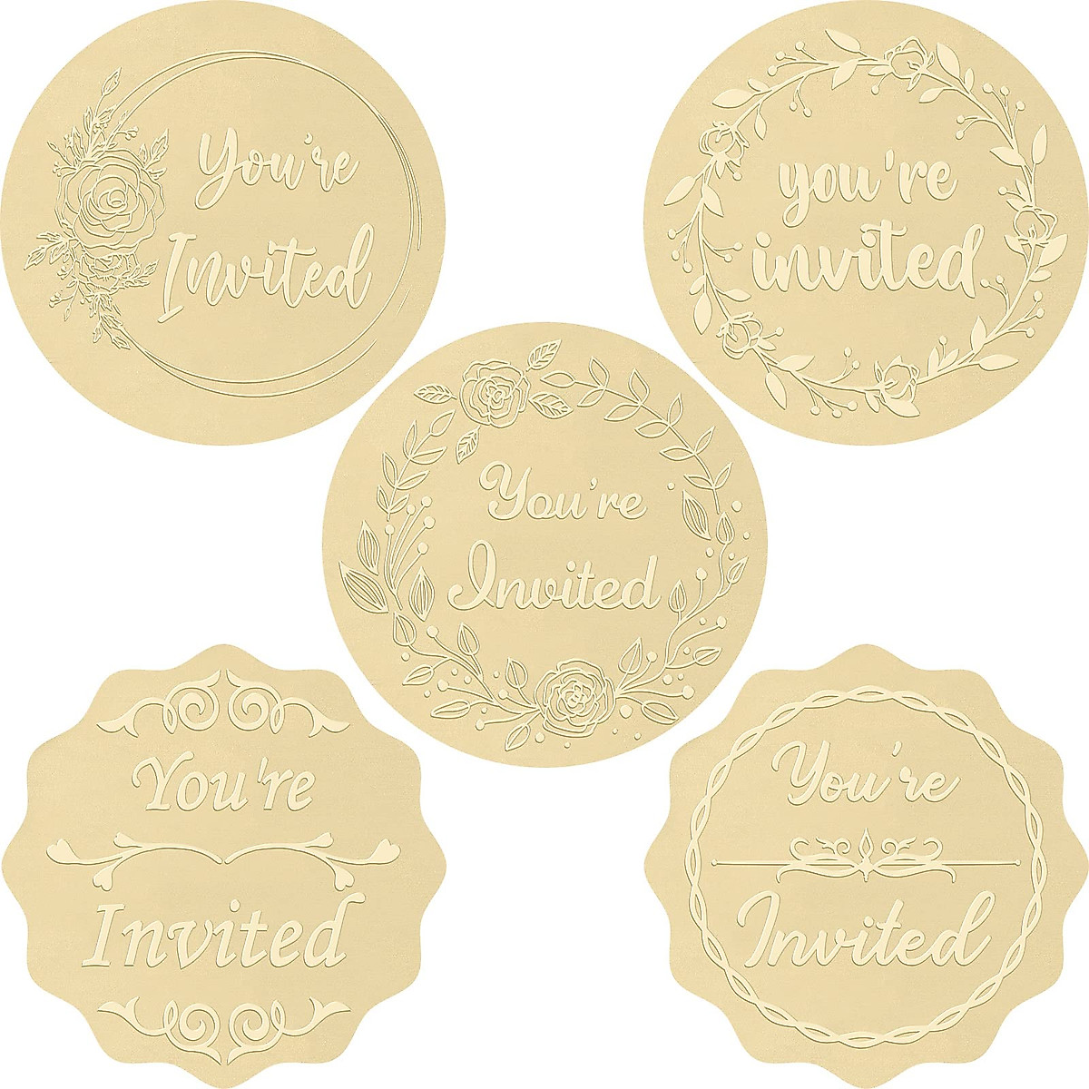 Cindeer 200 Pcs You're Invited Round Embossed Gold Foil Envelope Seals Self Adhesive Invited Foil Sticker for Wedding Invitations Envelopes Greeting Cards Present Decoration