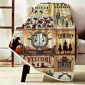 Western Cowboy Blankets, Retro Rustic Cowboy Hat Boot Throw Blanket, American Wild West Cowboy Riding Horses Soft Flannel Blanket for Baby Boys Kids Adults Home Decoration 50X60in Brown