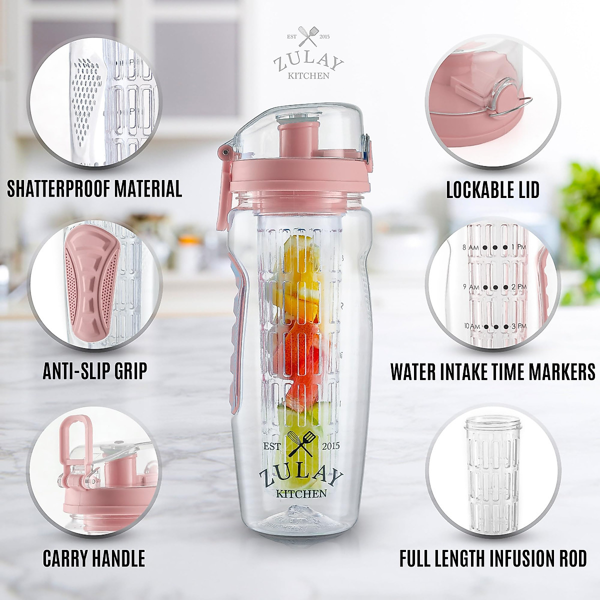 Zulay 34 oz Large, Leakproof Fruit Infuser Water Bottle With Sleeve And Anti-Slip Grip - Men and Women's Ideal Fitness Gift Or For Gym, Camping, and Travel - Cotton Candy Pink