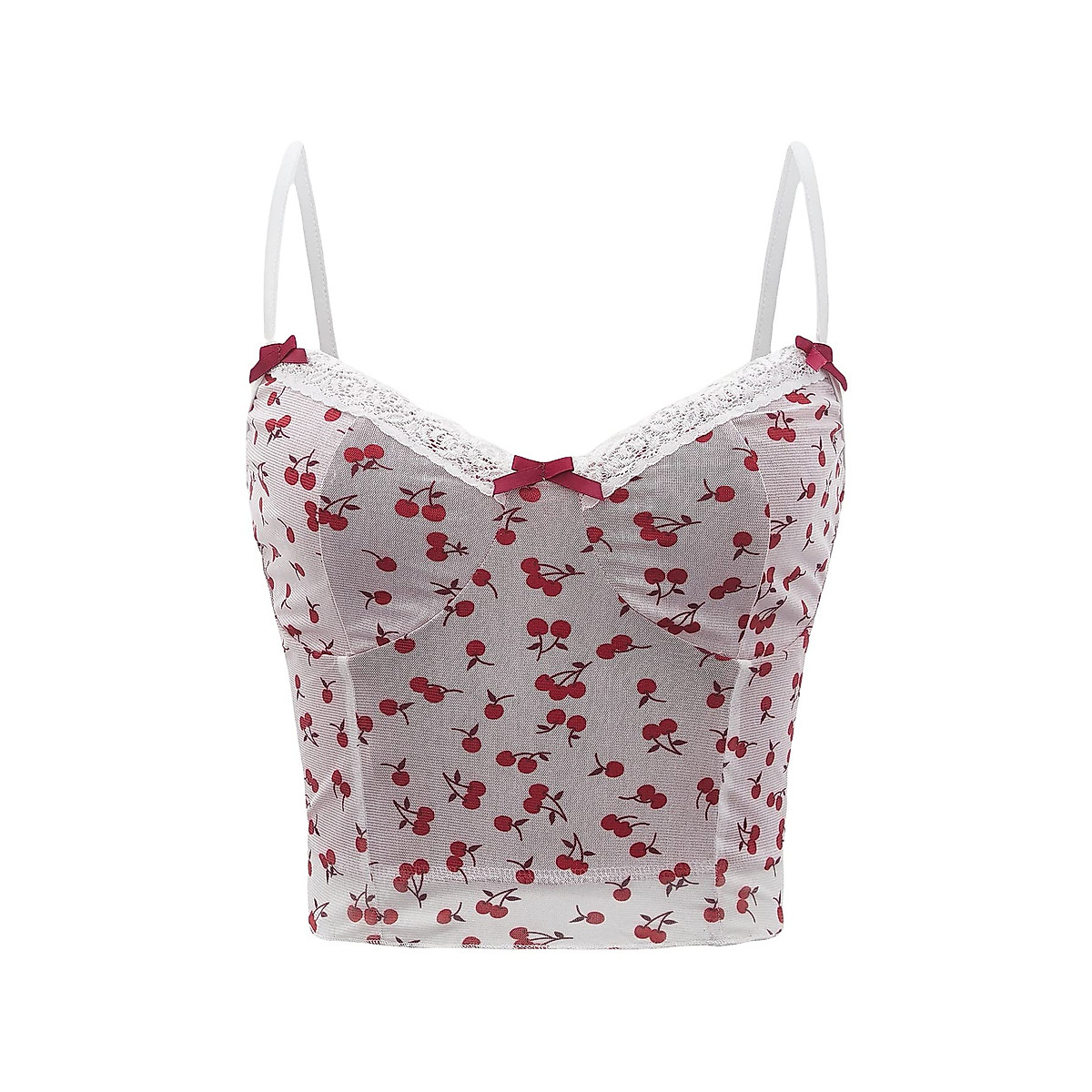 SOLY HUX Women's Cherry Print V Neck Summer Cami Top Bow Lace Trim Sleeveless Summer Crop Tops Red and White L