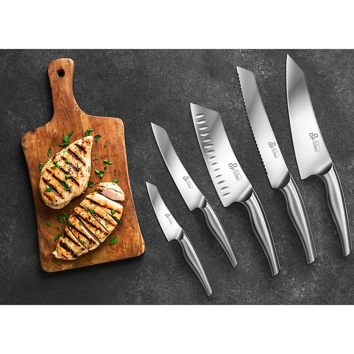DDF iohEF Kitchen Knife Set with Block, 7 Piece Premium High Carbon Stainless Steel Knives Set with Knife Sharpener, Ultra Sharp Knife Block Set