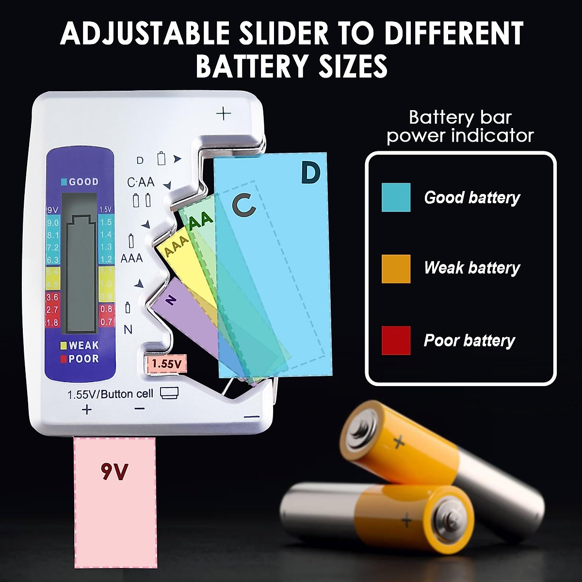 Battery Tester Universal Battery Checker with LCD Display Digital Multi Purpose Small Battery Checker for All Battery C AA AAA D N 9V 6F22 1.5V Button Cell Batteries
