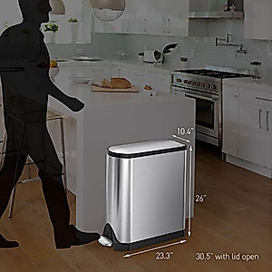 simplehuman 40 Liter / 10.6 Gallon Dual Compartment Butterfly Lid Kitchen Recycling Step Trash Can, Brushed Stainless Steel