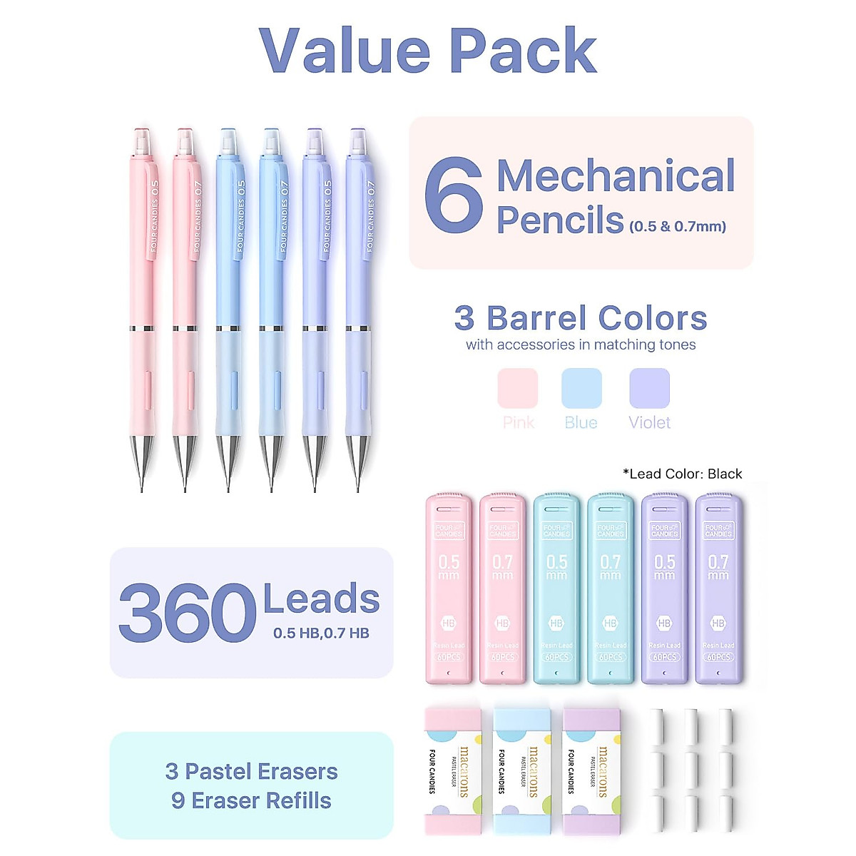 FourCandies Pastel Mechanical Pencil Set - 6PCS 0.5mm&0.7mm Mechanical Pencils with 360PCS HB Lead Refills, 3PCS Erasers and 9PCS Eraser Refills, Cute Colored Mechanical Pencils for Drawing & Writing