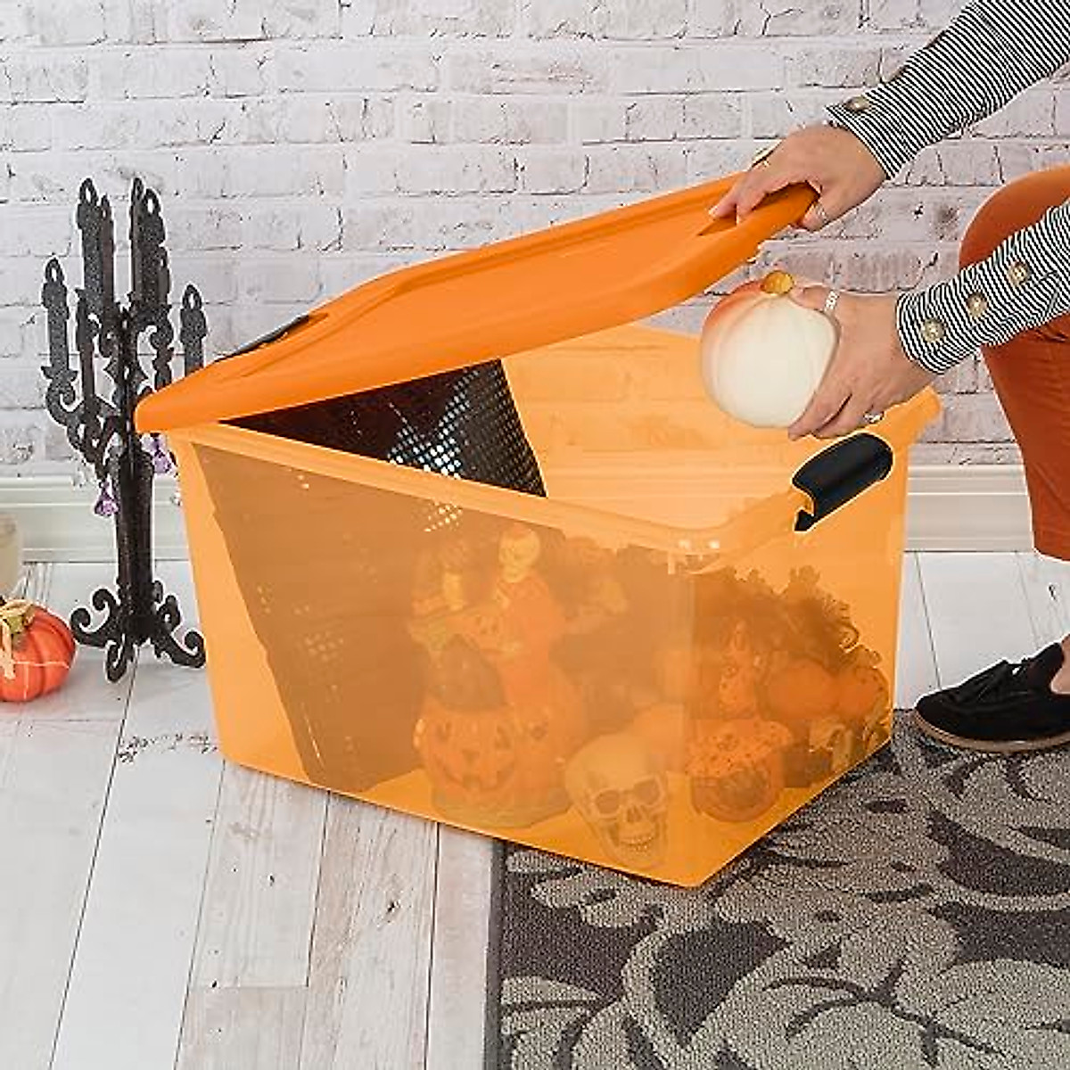 Sterilite 64 Quart Latching Plastic Storage Container, Purple & Orange (12 Pack)