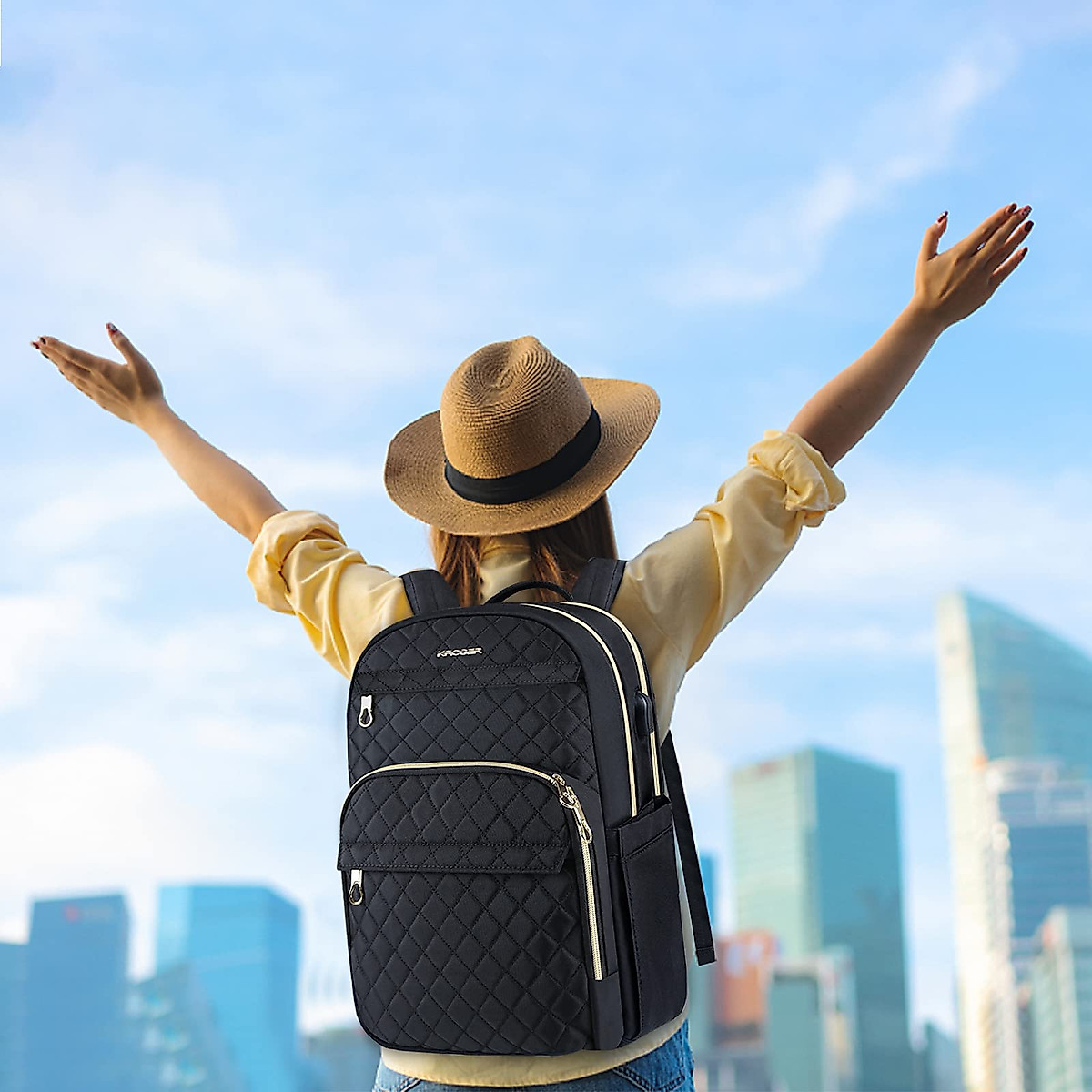 KROSER Laptop Backpack 15.6 Inch Stylish Daypack with USB Charging Port, Water-repellent Nylon School Backpack Backpack for Travel/Business/Women/Girls-Black