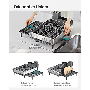 SONGMICS Large Dish Drying Rack, Expandable Dish Dryer for Kitchen Counter, Stainless Steel Dish Rack with Rotatable Spout, Utensil, Cup, Glass, Cutting Board, Pan Holders, Silver and Gray UKCS037G01